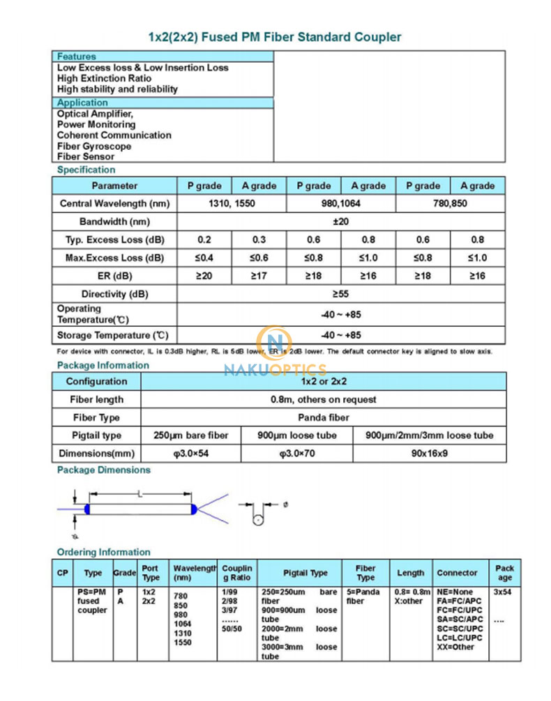 1550nm 2x2 PM Tapered Coupler with Panda Fiber Slow Axis Alignment Any ...