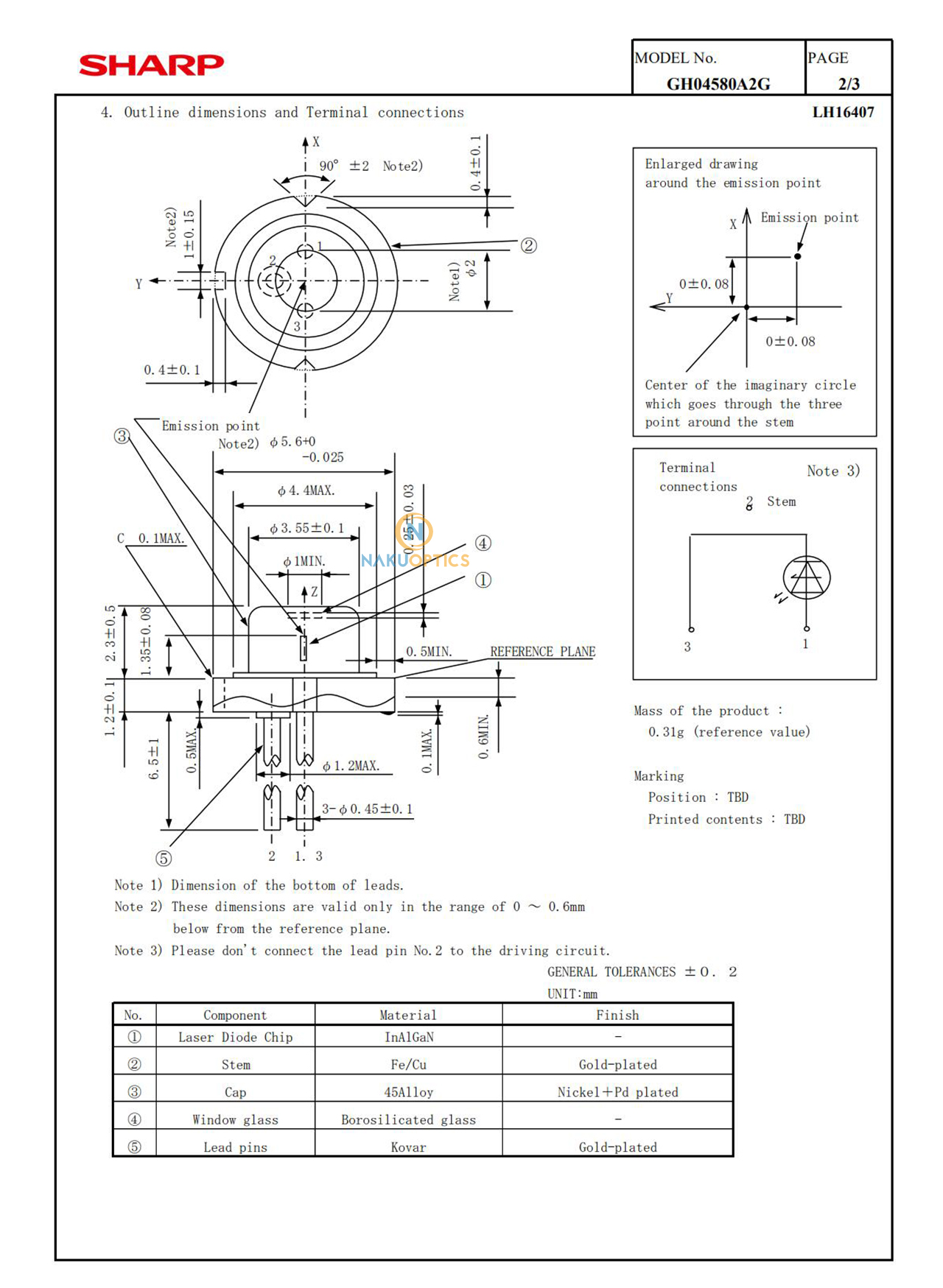 GH04580A2G 450nm 80mW Blue Laser Diode Sharp LD TO-18 Φ5.6mm Packaged ...