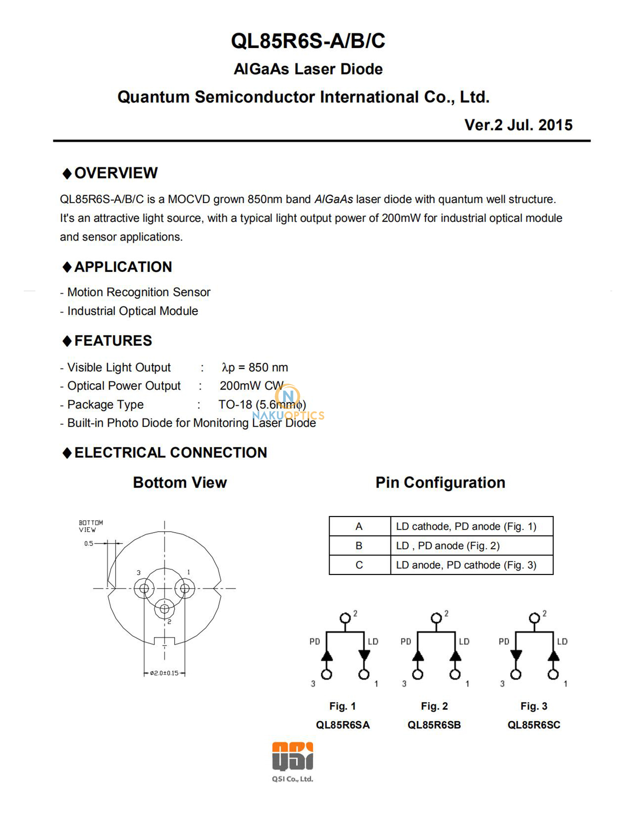 QL85R6SX QSI 850nm 200mW IR Laser Diode TO-18 Φ5.6mm - NakuOptics