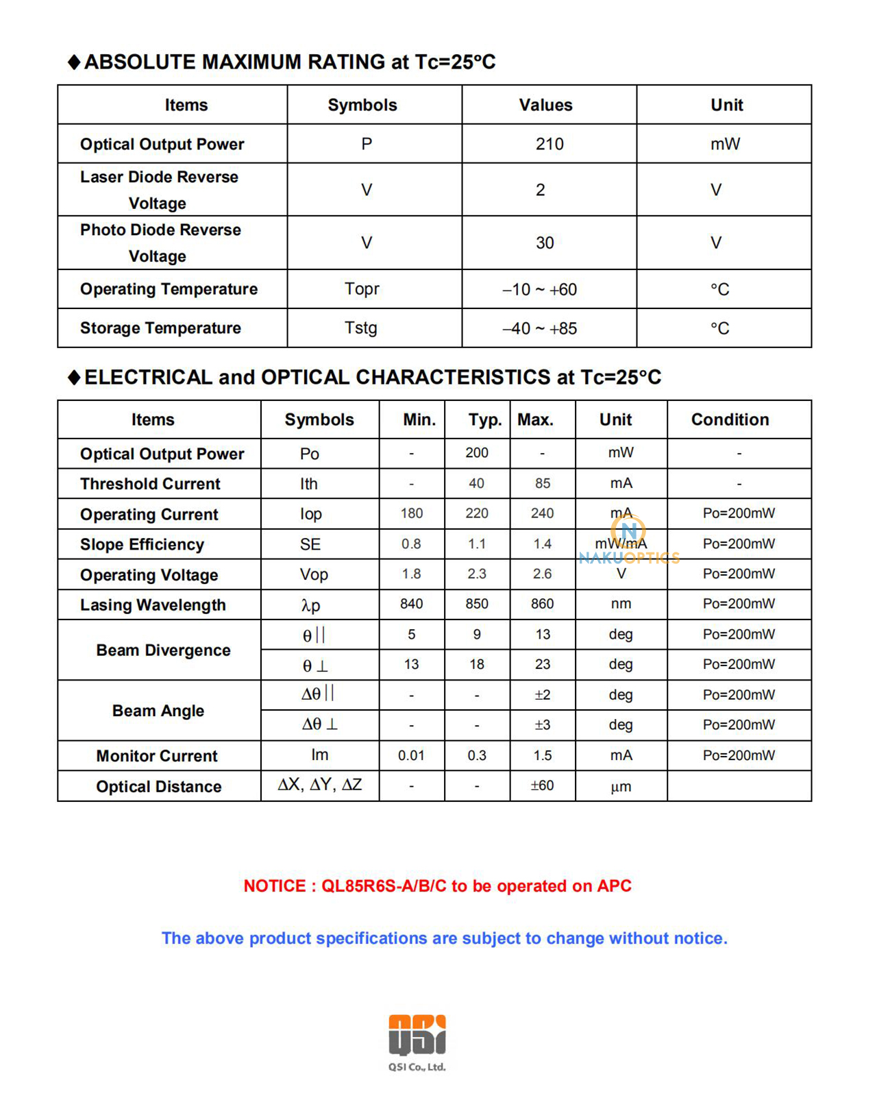 QL85R6SX QSI 850nm 200mW IR Laser Diode TO-18 Φ5.6mm - NakuOptics